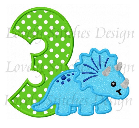 Dinosaur With Number 3 Applique Machine Embroidery Design | Etsy