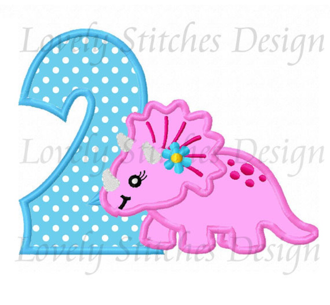 Girl Dinosaur Number 2 Birthday Applique Machine Embroidery Design NO ...