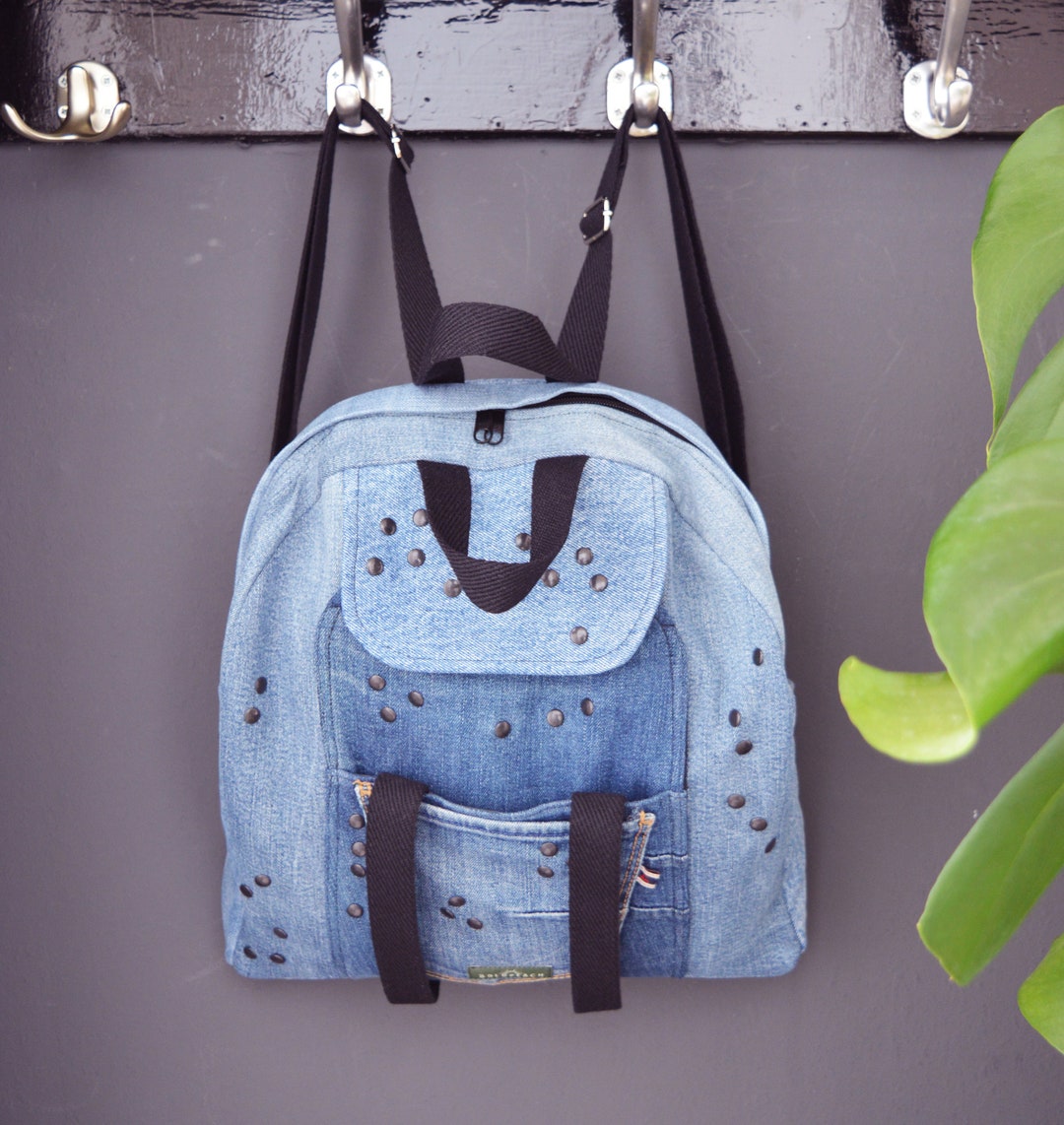 Denim Backpack With Black Studs and Lots of Pockets - Etsy