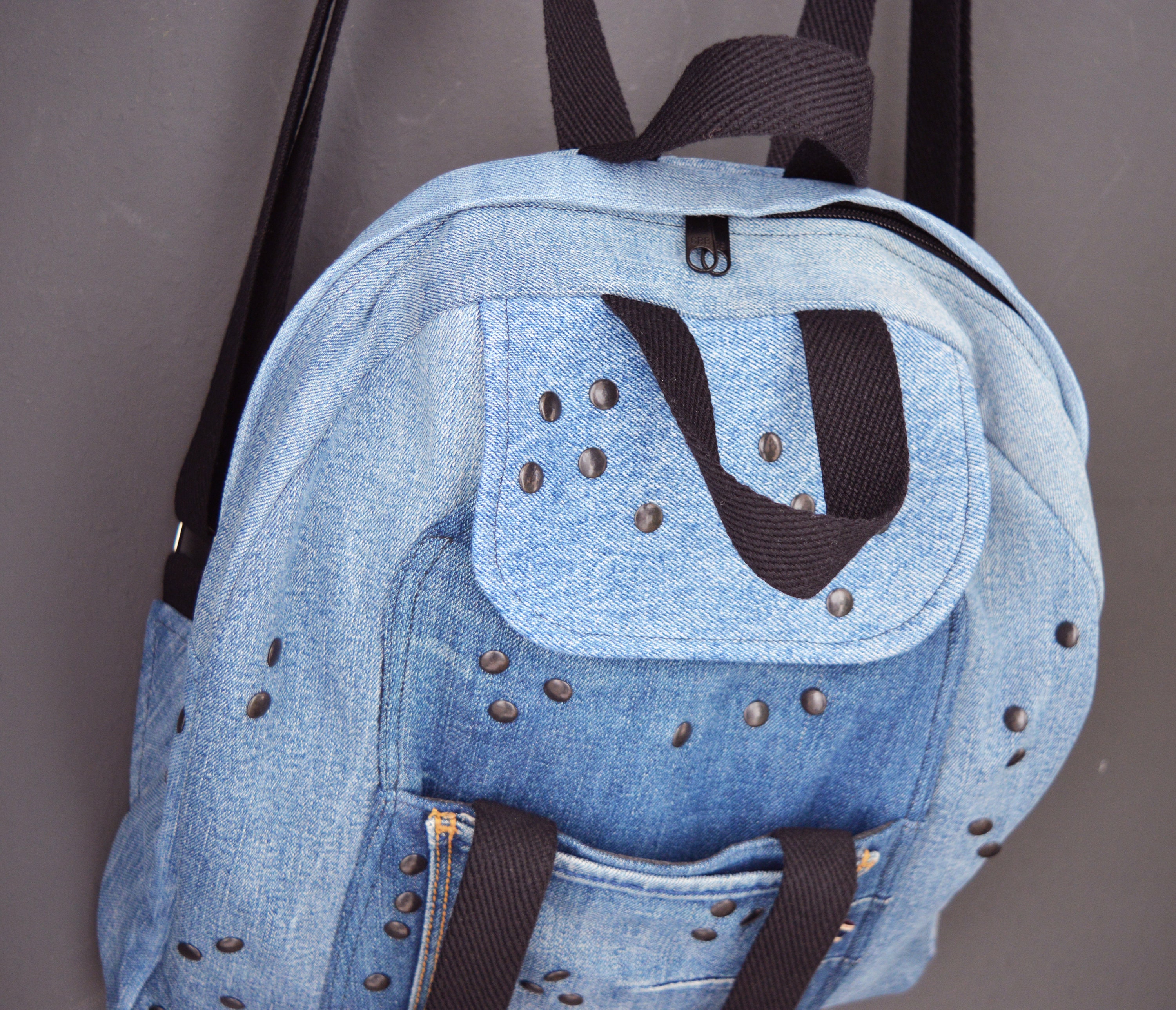 Denim Backpack With Black Studs and Lots of Pockets - Etsy