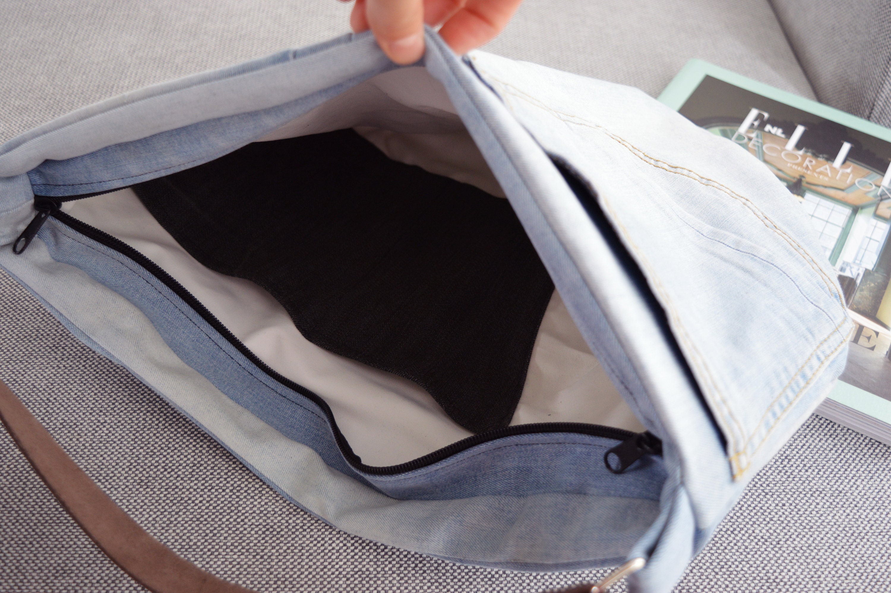 Large Denim Hobo Bag Stonewashed Light Blue Hobo Tote Bag With Brown ...