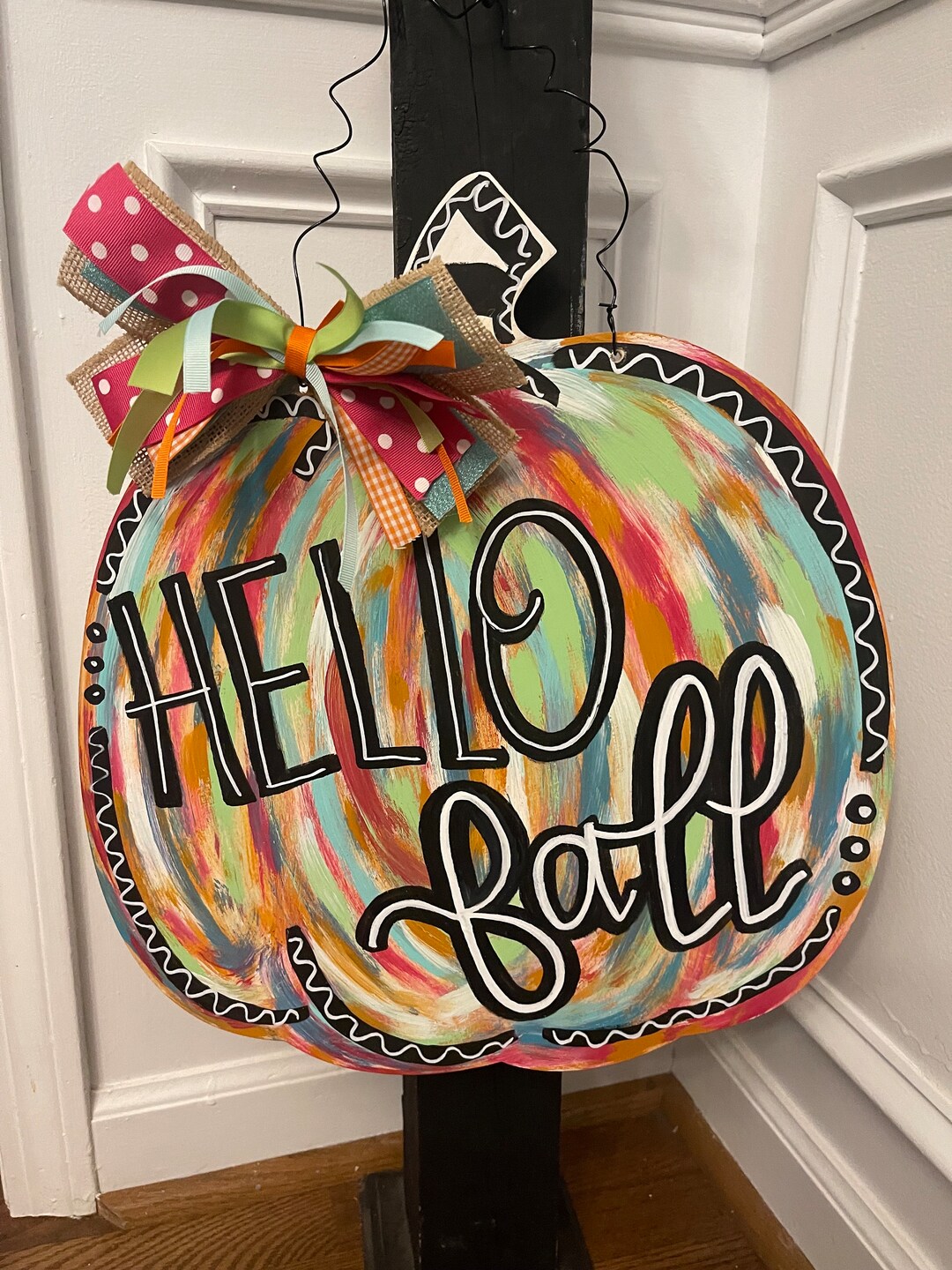Fall Pumpkin Wooden Door Hanger Hello Fall Orange Pink Green Turquoise ...