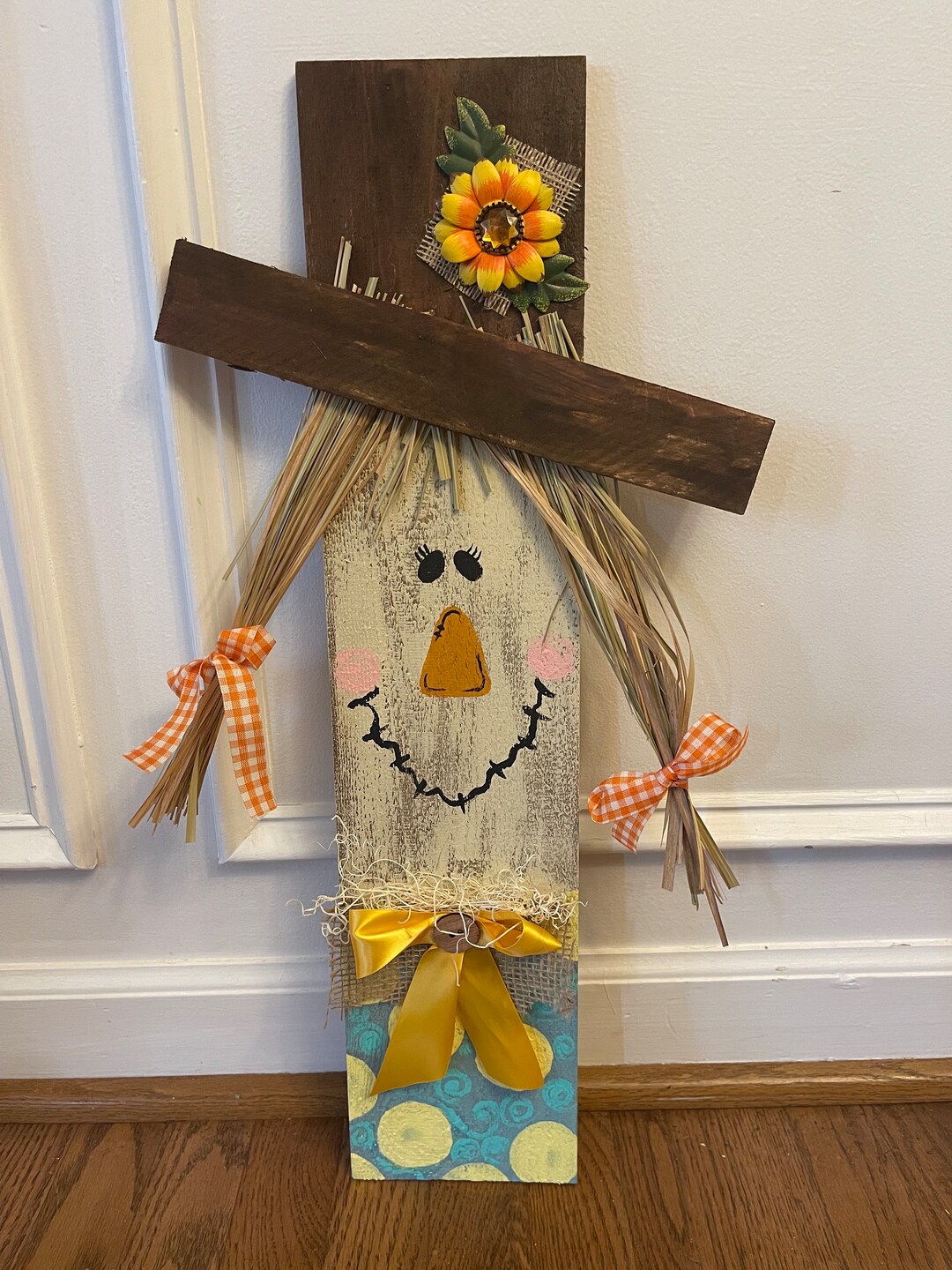 Fall Scarecrow Wooden Wall/ Porch Leaner Rustic Turquoise Yellow Girl ...