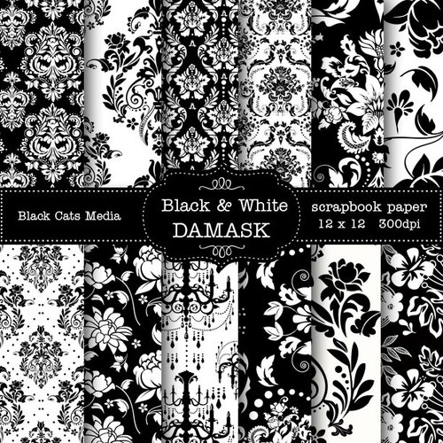 Damask Digital Paper Black and White Damask Paper 12x12 - Etsy