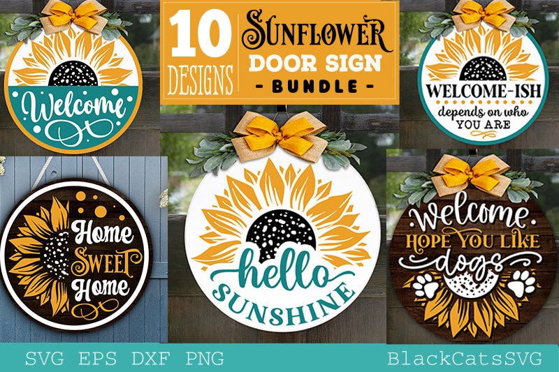 Sunflower Door Sign Svg Bundle 10 Designs, Sunflower Door Hanger Svg ...