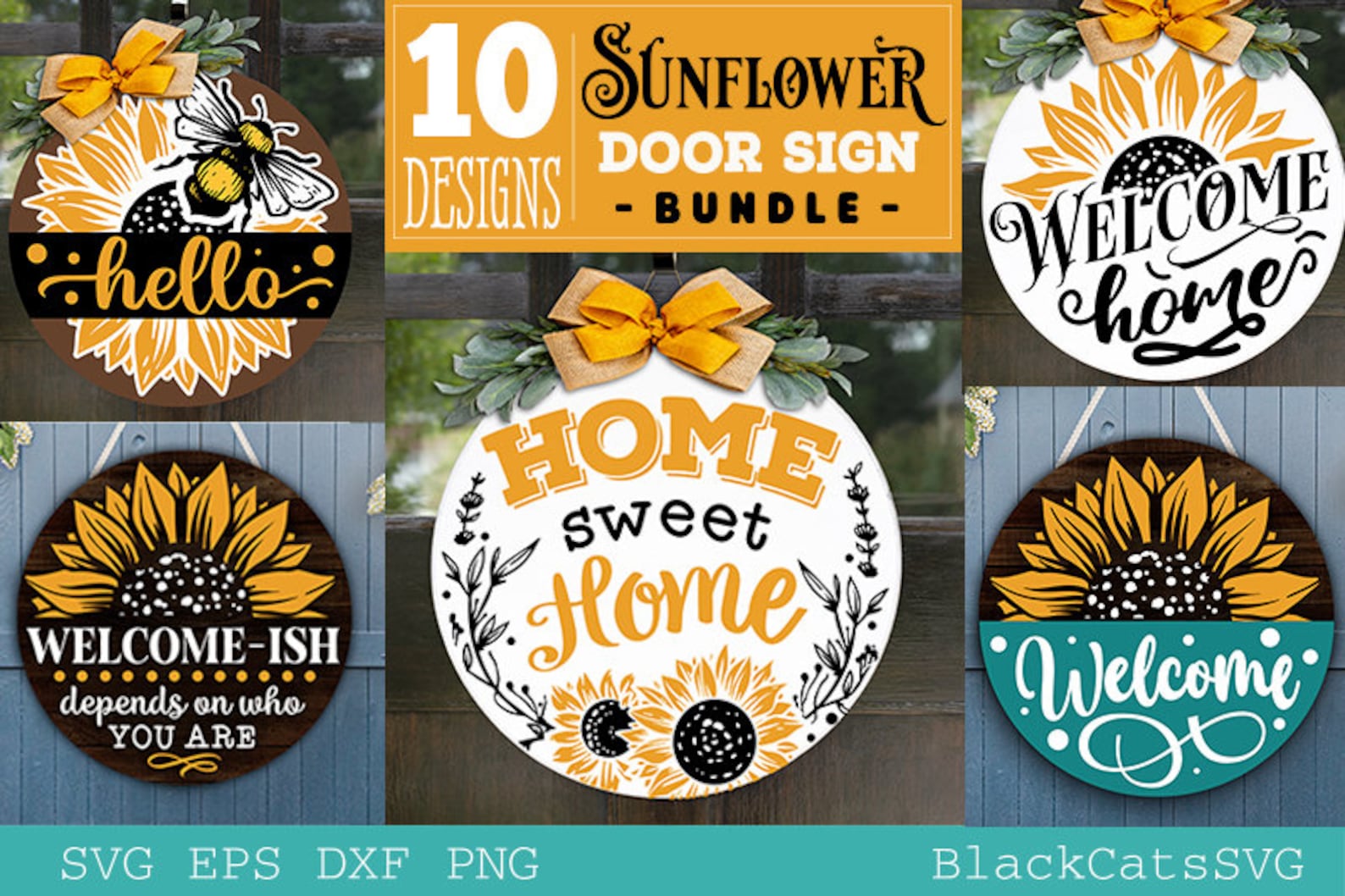 Sunflower Door Sign Svg Bundle 10 Designs, Sunflower Door Hanger Svg ...