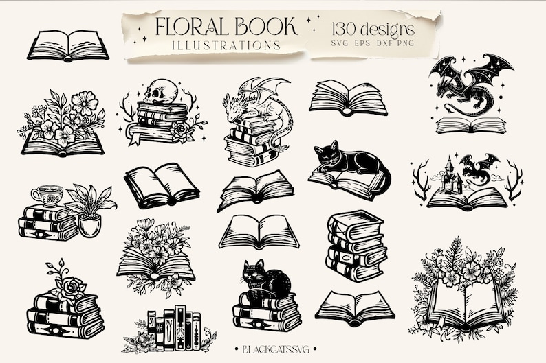 Floral Books 130 Designs SVG, Floral Books Svg, Books Bundle Svg, Pile ...