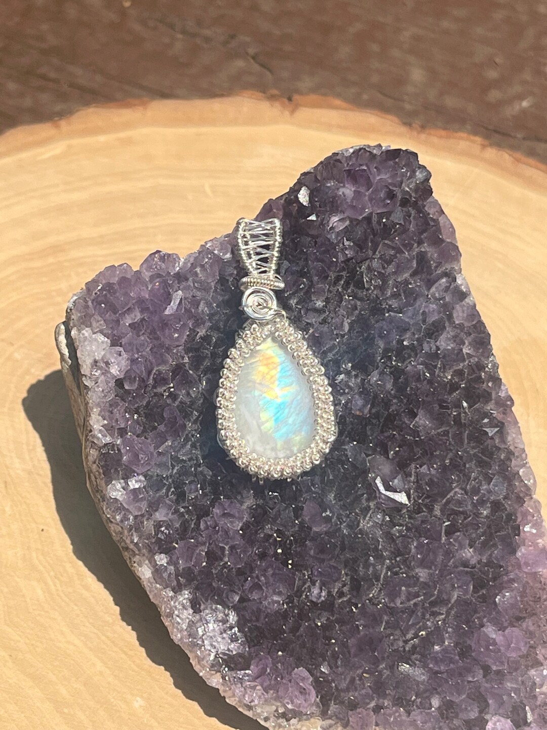Rainbow Moonstone Wire Wrap Pendant, Wire Wrapped Rainbow Moonstone ...