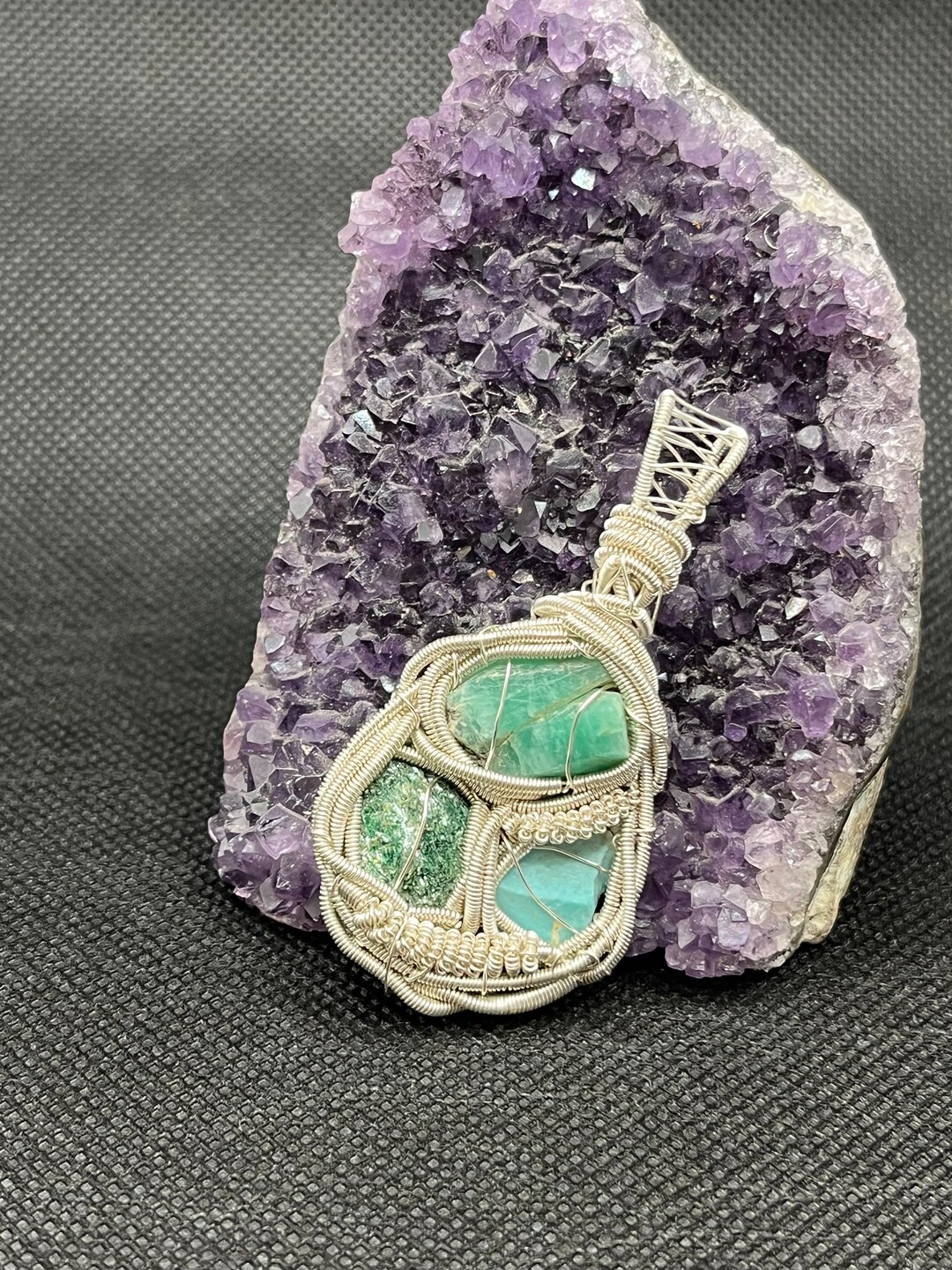 Emerald, Turquoise, & Fuschite Wire Wrap Pendant, Emerald Wire Wrap ...