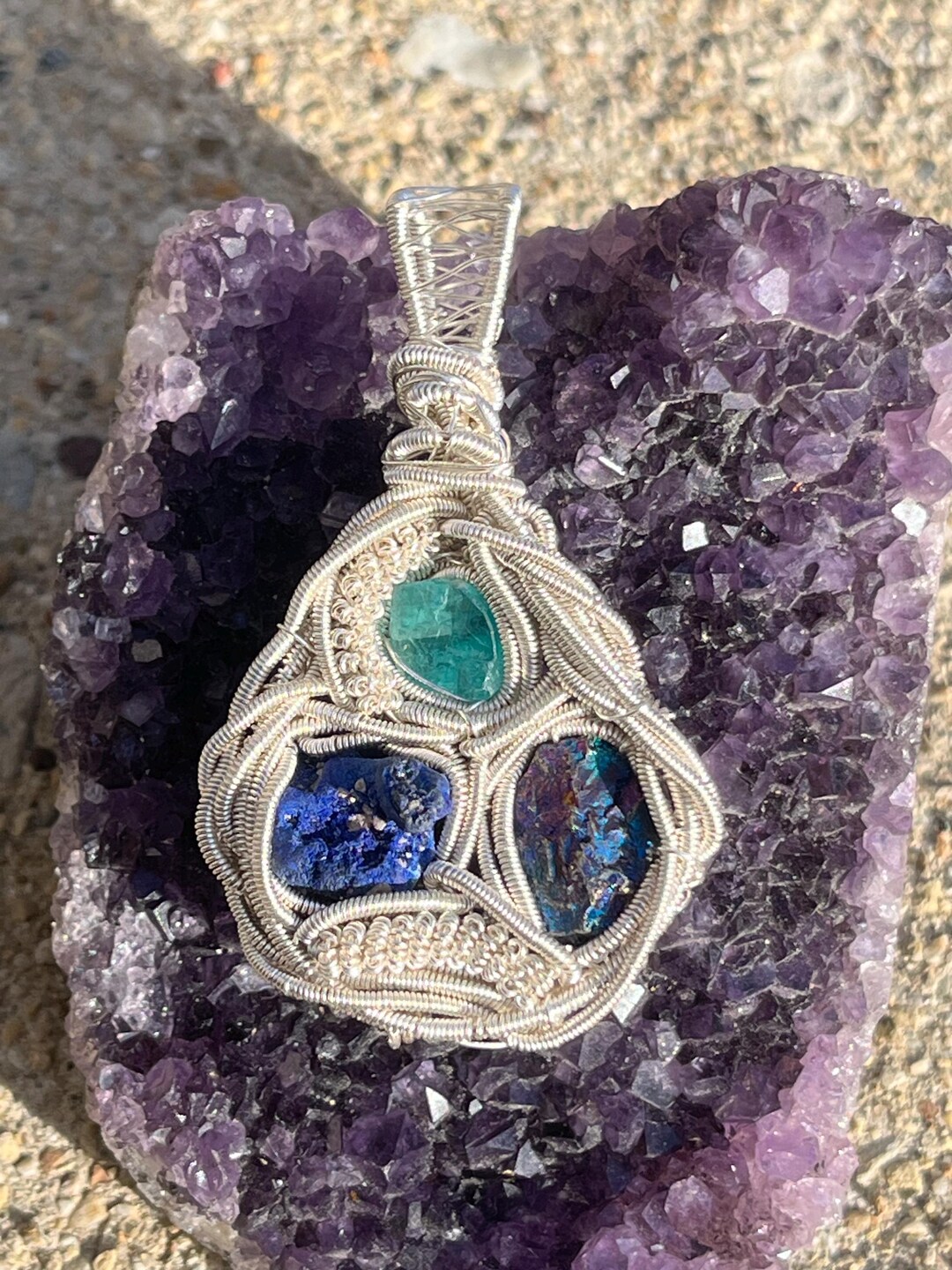 Azurite, Peacock Ore & Apatite Silver Wire Wrapped Pendant - Etsy