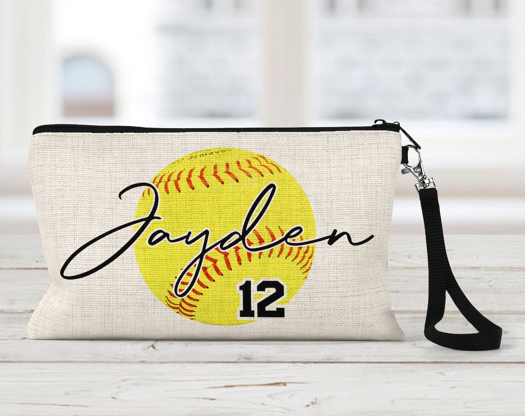 Softball Makeup Bag, Personalized, Natural Linen, Zipper Pouch, Makeup ...