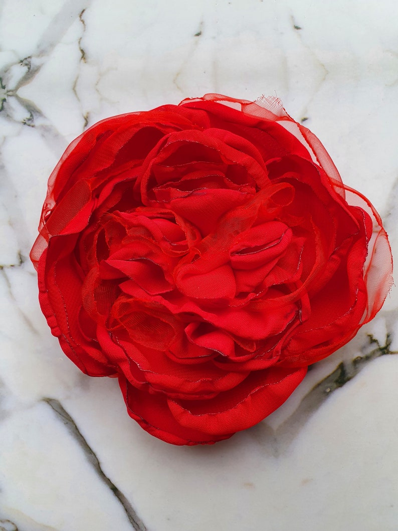 Red Silk Rose Brooch, Fabric Flower Hair Clip, Red Organza Corsage Pin ...