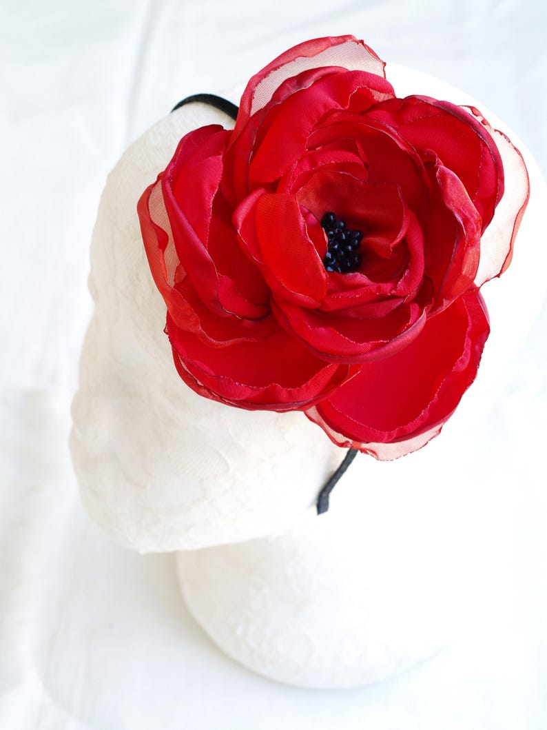 Large red flower fascinator Red rose head piece Flower | Etsy
