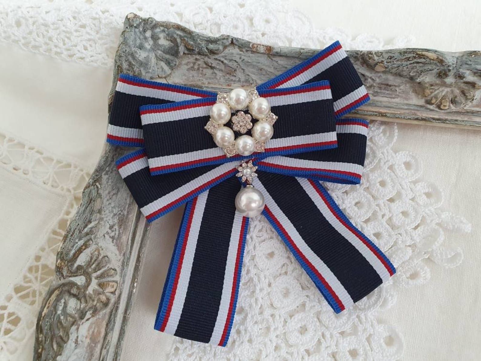 Red White Blue Bow Brooch With Pearls Ribbon Bow Broach - Etsy