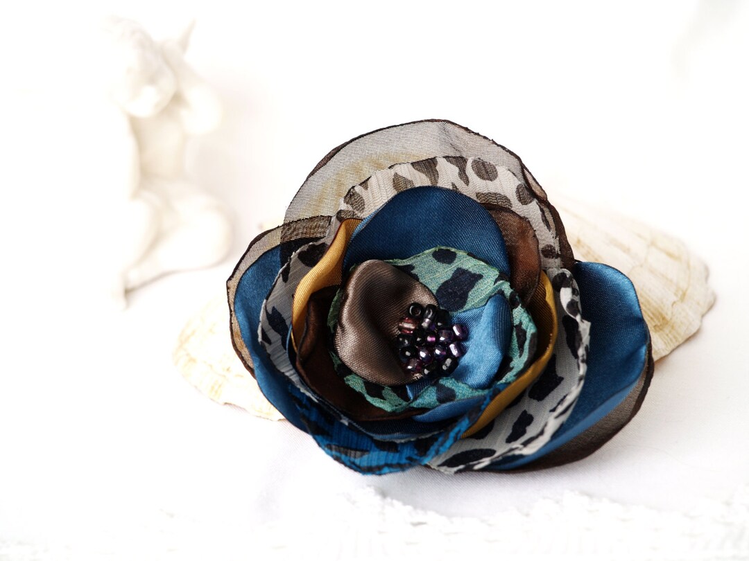 Blue Brown Flower Brooch, Fabric Broach, Flower Pins, Teal Flower ...