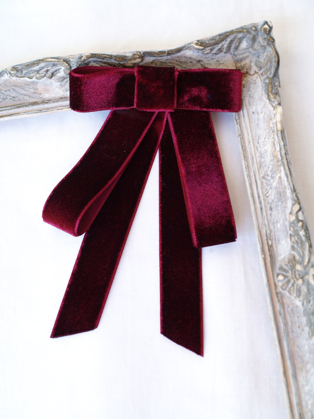 Burgundy Velvet Bow Tie Brooch, Deep Red Womens Bow Tie, Ribbon Tie for ...