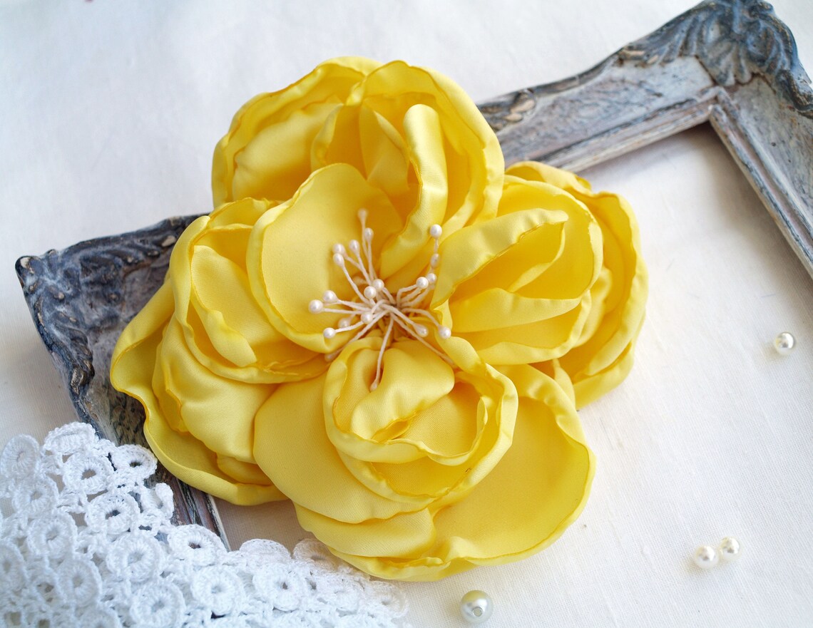 Vibrant yellow flower brooch yellow rose clip large flower | Etsy