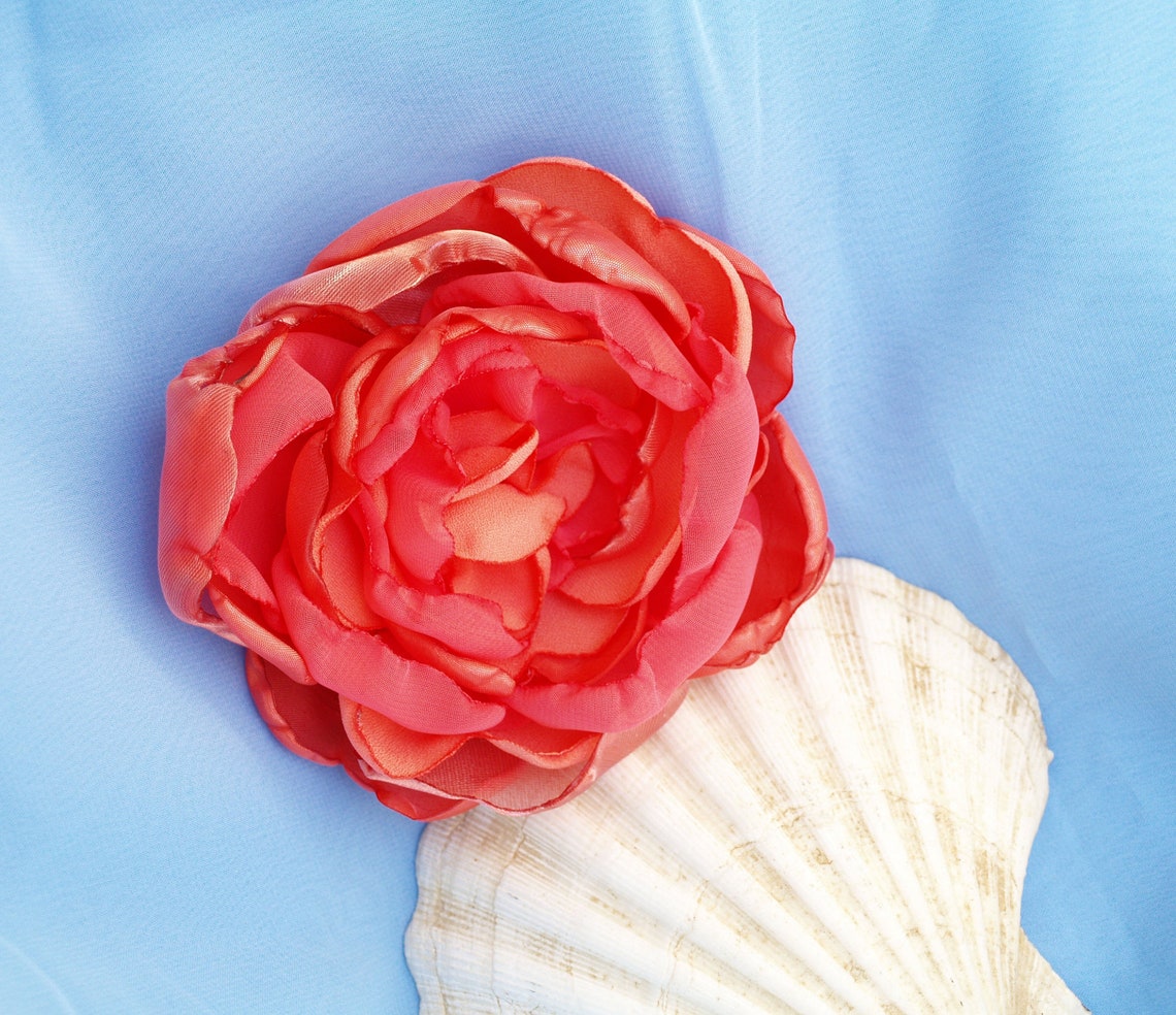 Coral Flower Brooch Pin Large Silk Flower Hair Clip Living - Etsy