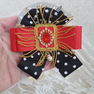 Bow Brooch in Red, Black and Gold, One of A Kind Accessory, Ribbon Bow ...