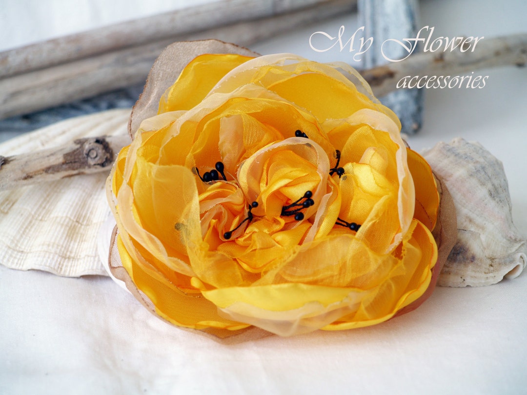 Yellow Silk Flower Brooch, Large Flower for Hair, Floral Hair Piece ...