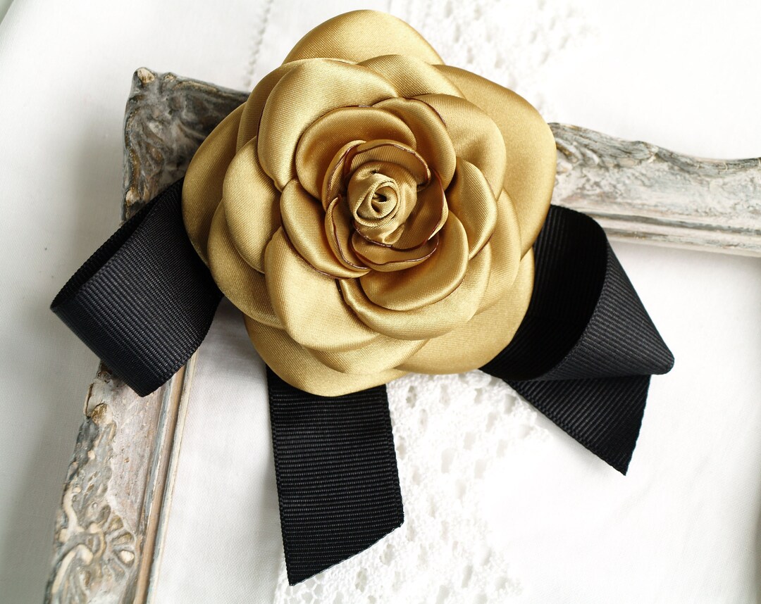 Gold Silk Flower Pin, Camellia Flower Bow Brooch, Gold and Black ...