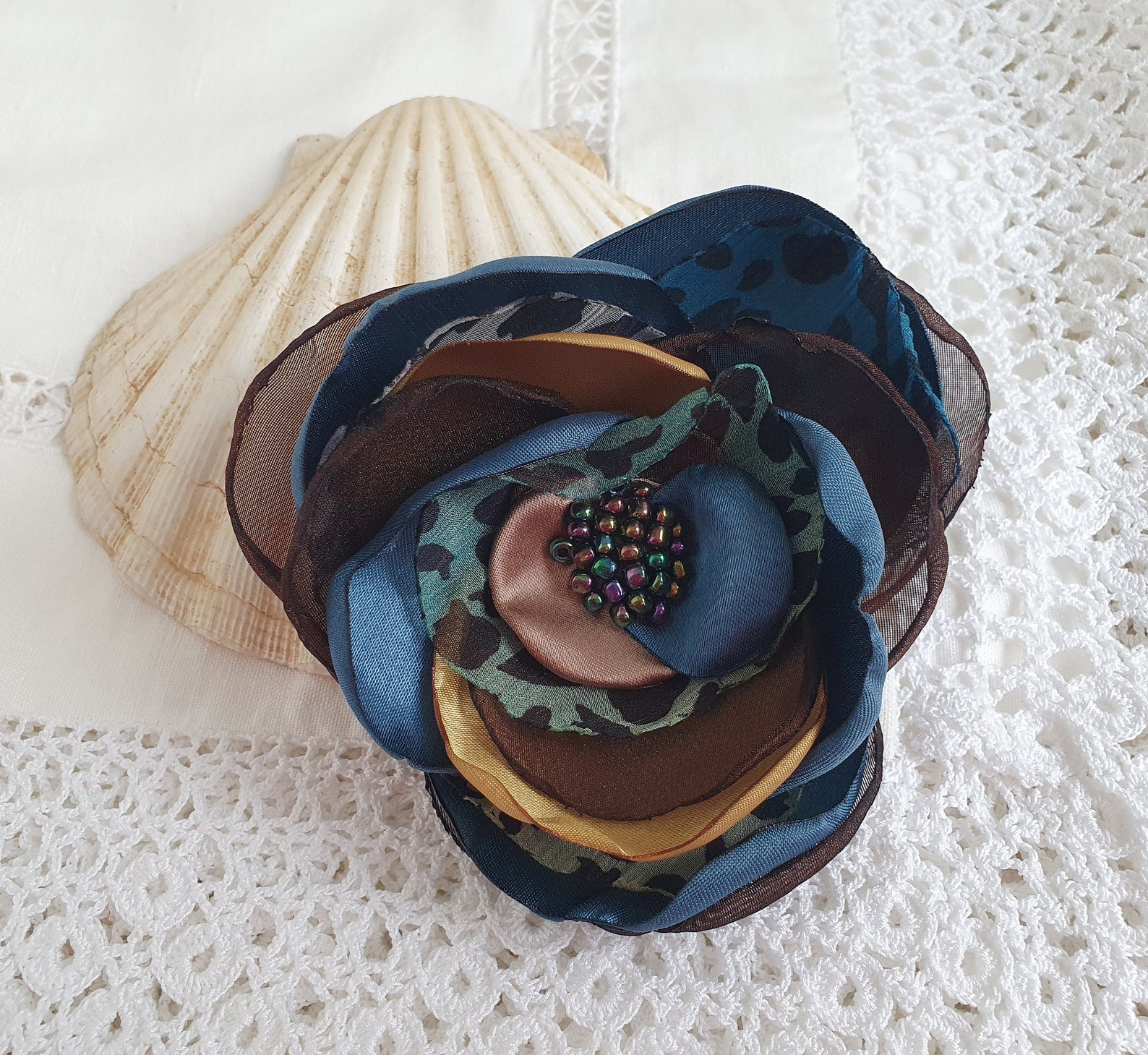 Blue Brown Flower Brooch Fabric Broach Flower Pins Teal - Etsy
