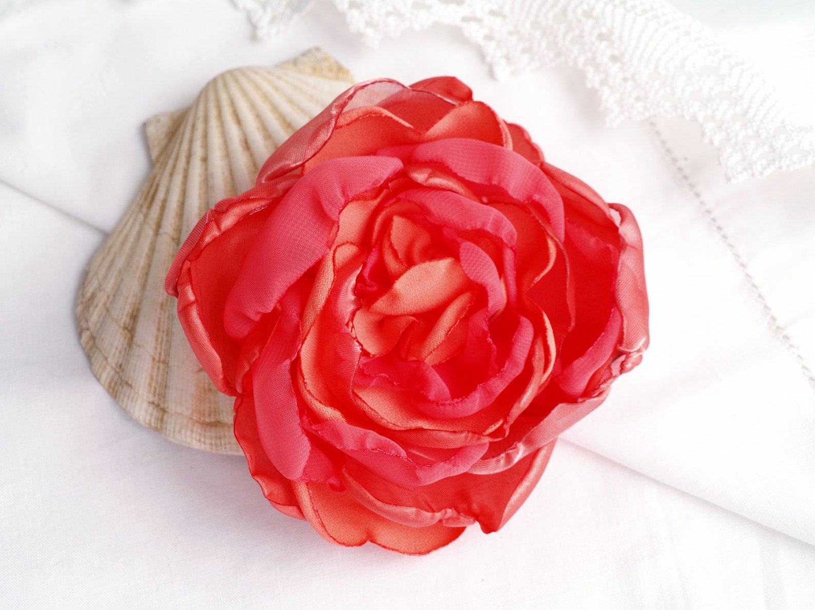 Coral Flower Brooch Pin Large Silk Flower Hair Clip Living - Etsy