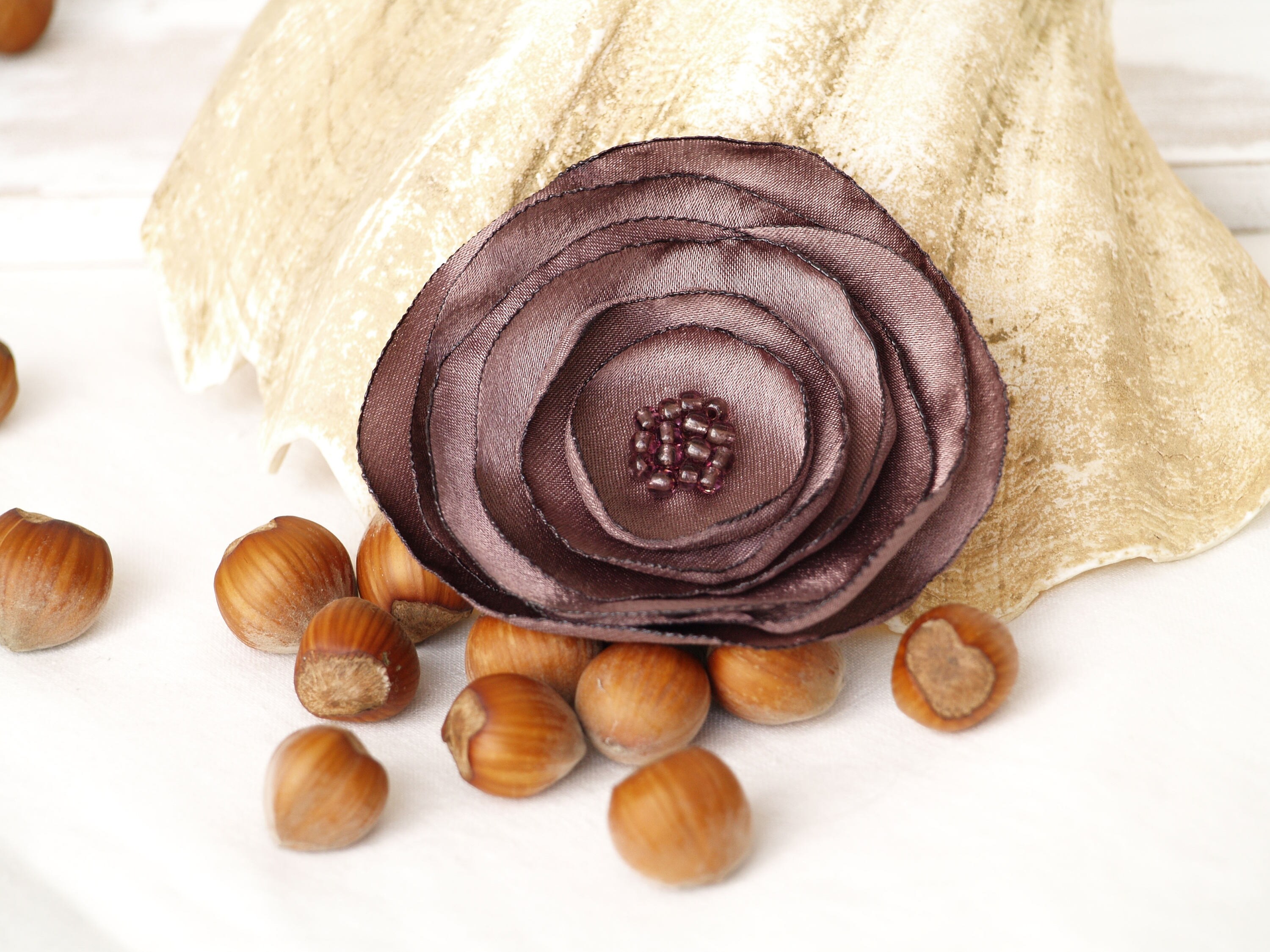 Toupe Fabric Brooch Handmade Silk Flower Rose Taupe Hair | Etsy