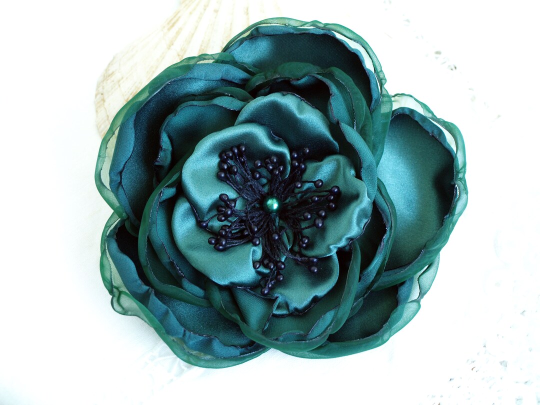 Green Corsage Flower Pin, Bottle Green Fabric Flower Brooch, Mother of ...