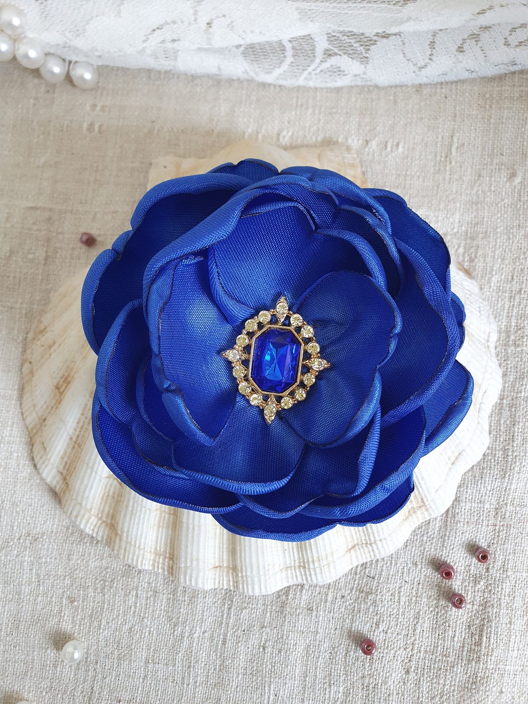 Royal Blue Flower Brooch With Rhinestone, Deep Blue Fabric Flower, Silk ...