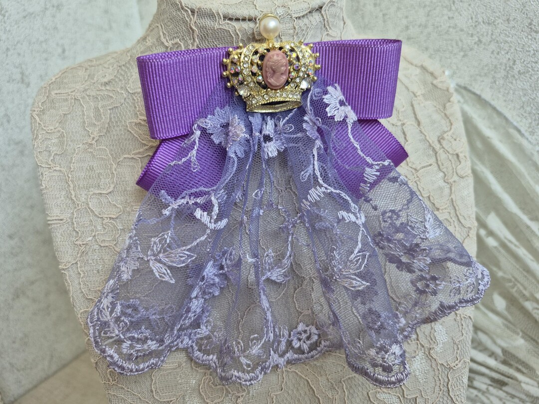 Victorian Purple Lace Jabot: Cameo Bow Brooch With Gold Crown - Etsy