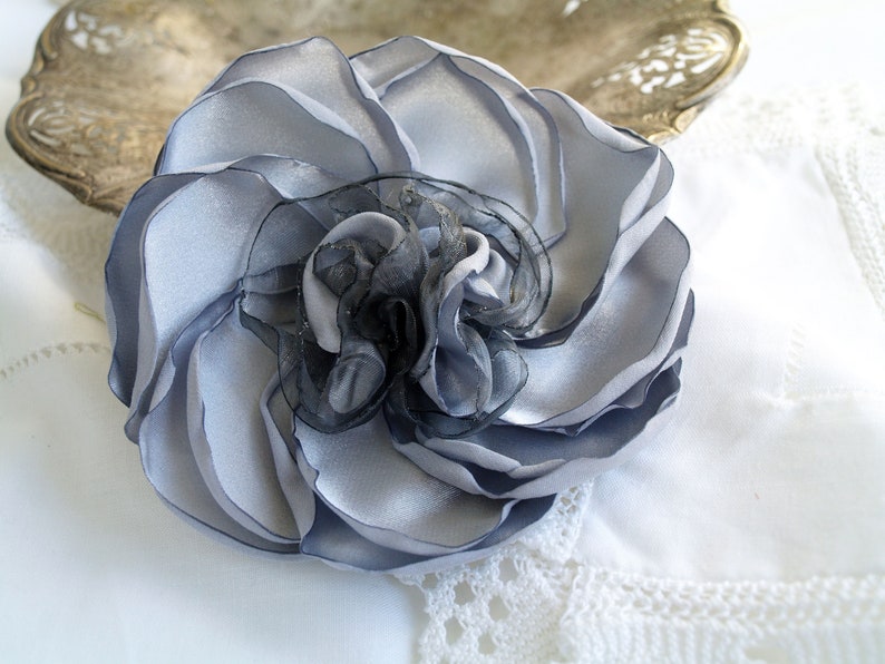 Silver Grey Silk and Organza Flower Brooch: Light Gray Fabric Flower ...