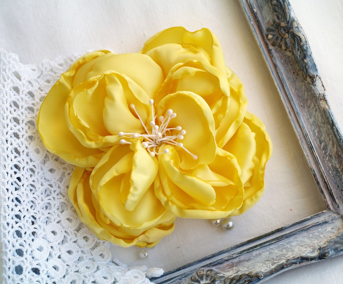 Vibrant yellow flower brooch yellow rose clip large flower | Etsy