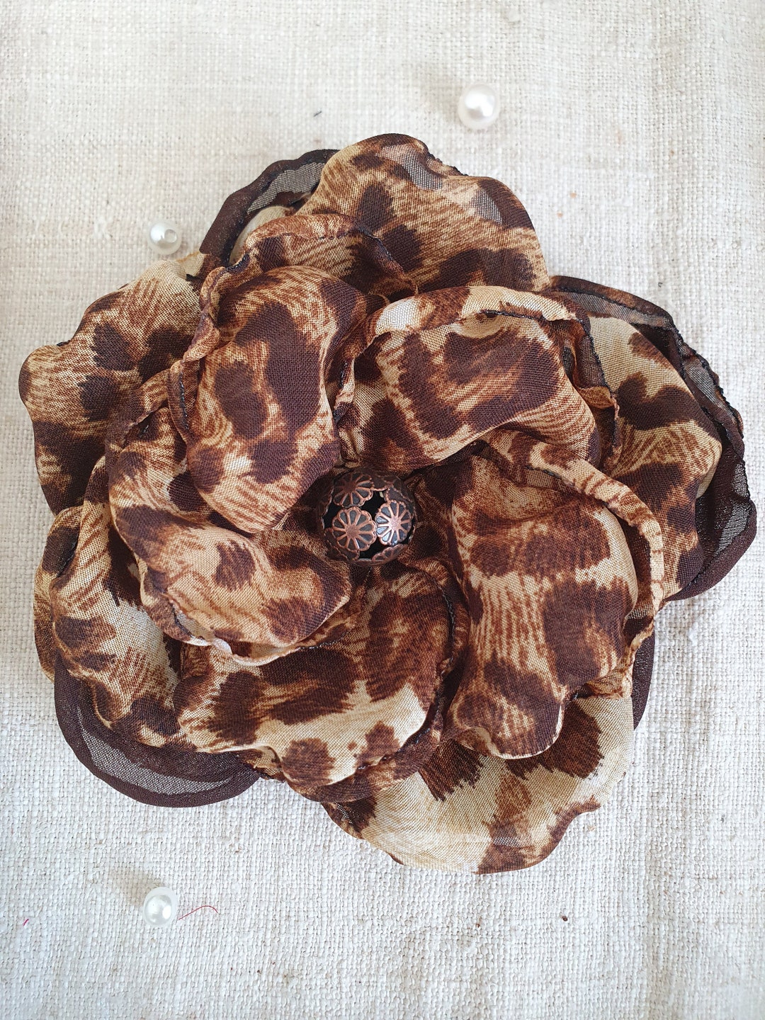 Leopard Print Flower Brooch, Dress Brooch, Brown Fabric Flower, Corsage ...