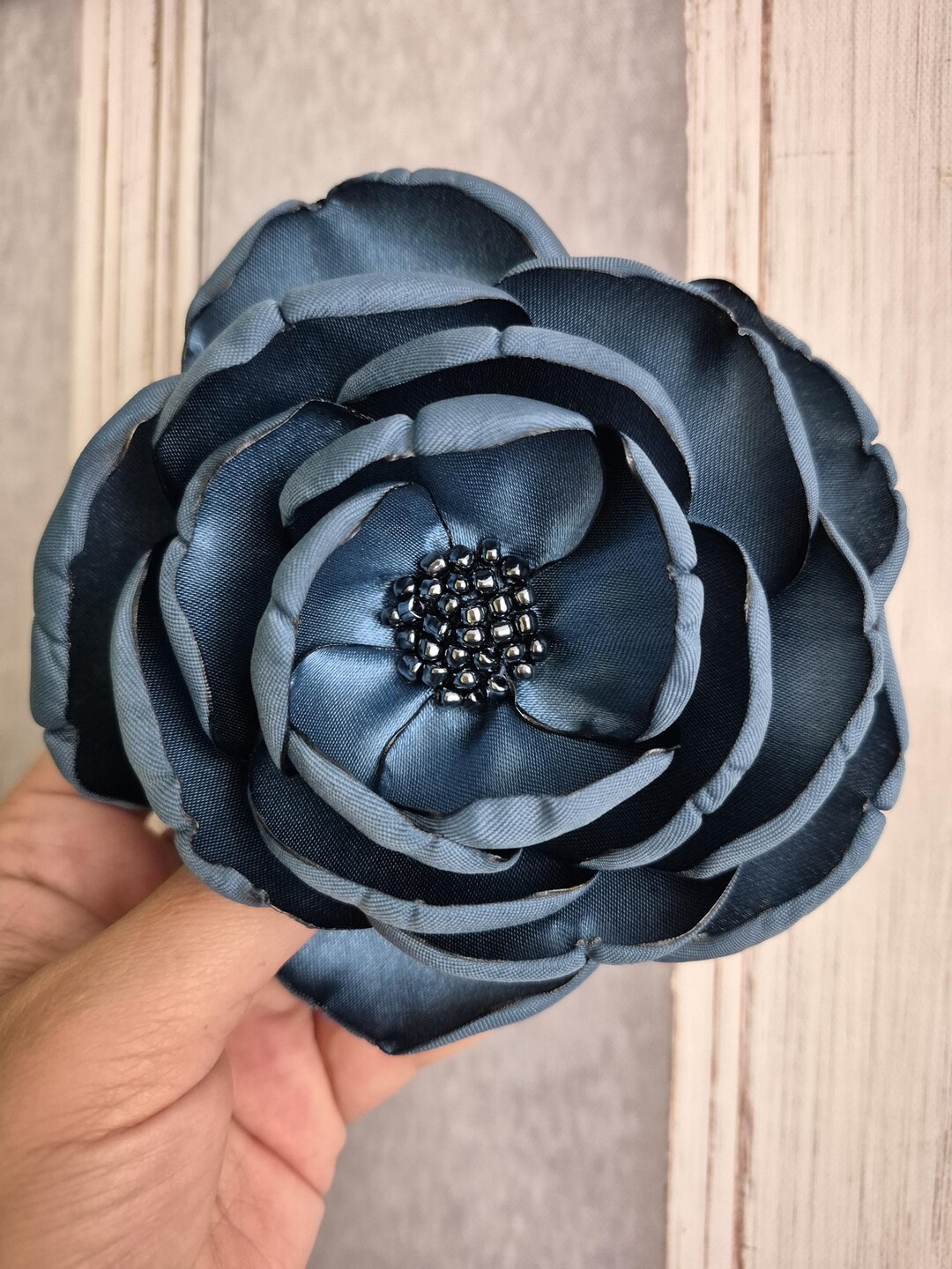 Steel Blue Flower Brooch Pin, Blue Satin Flower, Flower Hair Piece ...