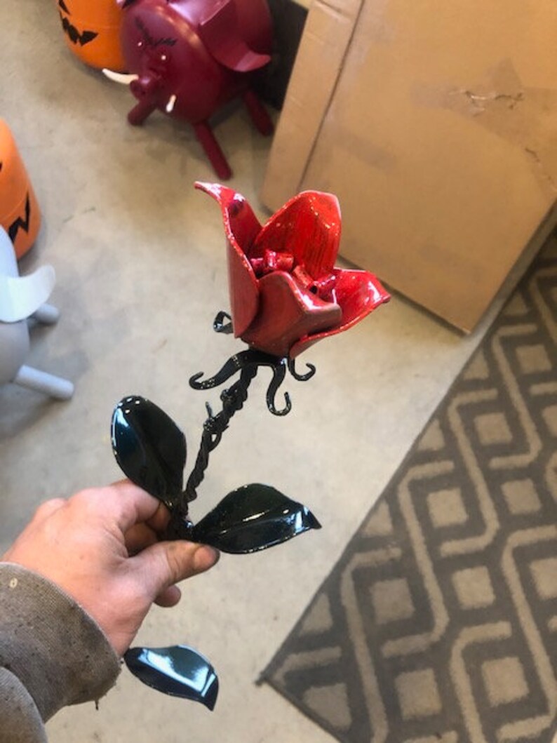 Steel rose with barbed wire stem made from recycled metal and | Etsy