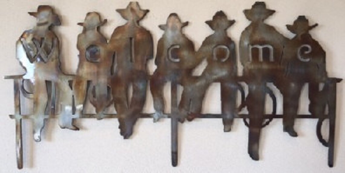 Cowboy Welcome Sign Cowboys Sitting on a Fence Metal Welcome Home Sign ...