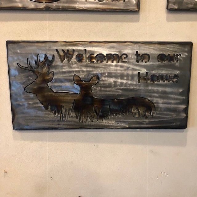 Deer Welcome Sign Cut Out of Metal Deer Scene Buck and Doe Hunting or ...