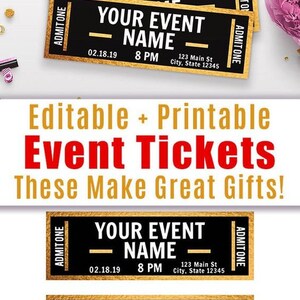 Gold Event Ticket Printables, Editable Event Tickets, Event Ticket ...