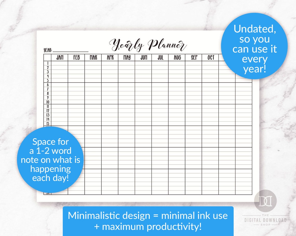 Yearly Planner Printable Horizontal Year at a Glance - Etsy