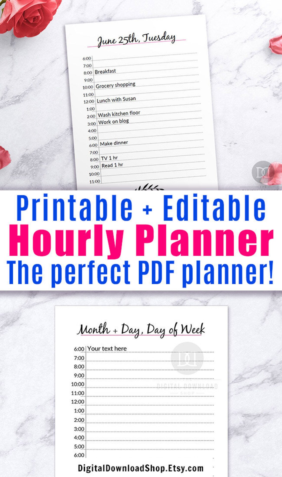 Editable Hourly Planner Printable, Editable Daily Planner, Hourly ...