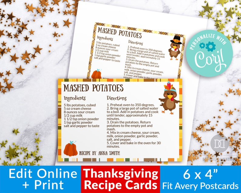 Thanksgiving Recipe Card Printable Editable Thanksgiving | Etsy