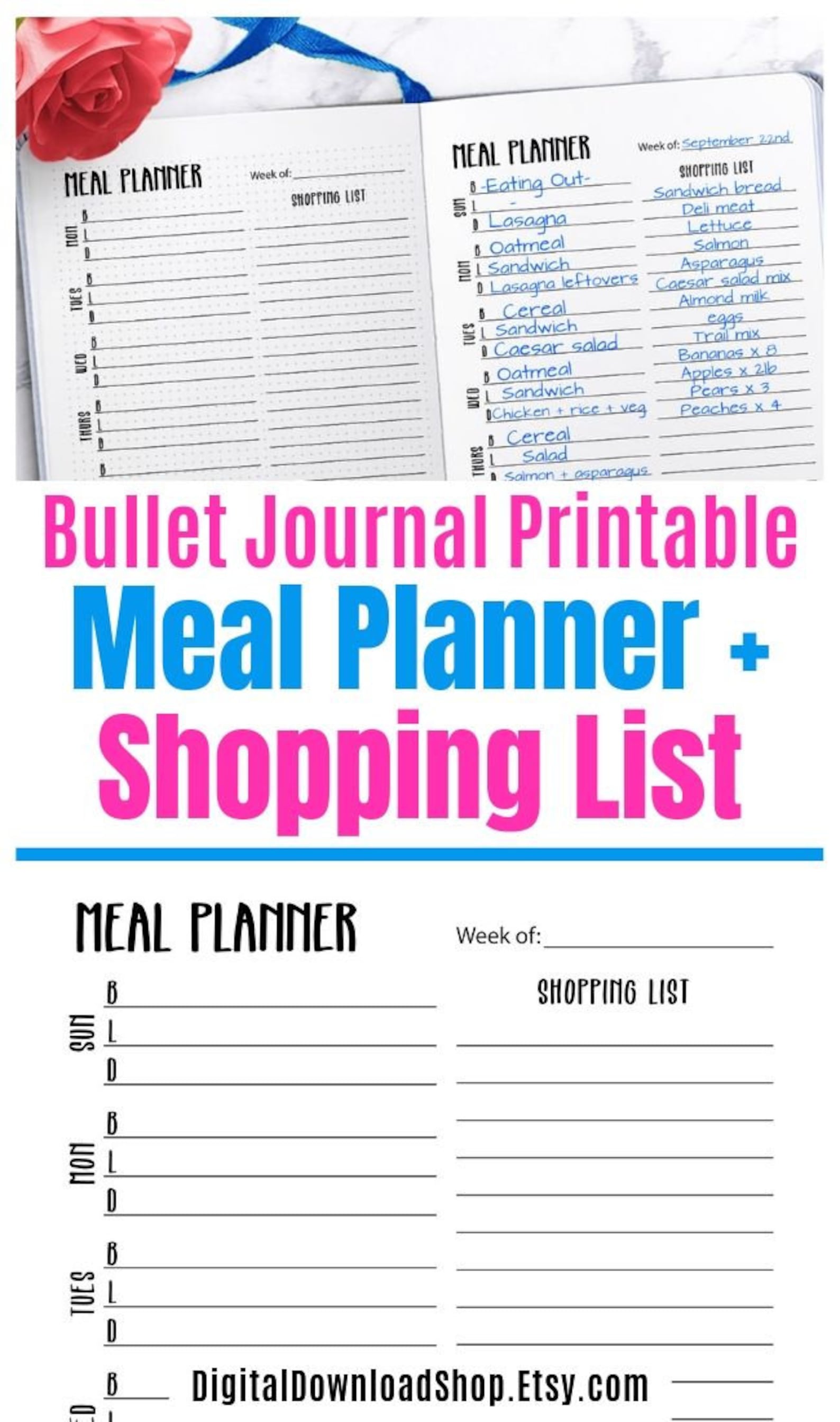 Meal Planner Printable Bullet Journal Menu Planner Shopping | Etsy