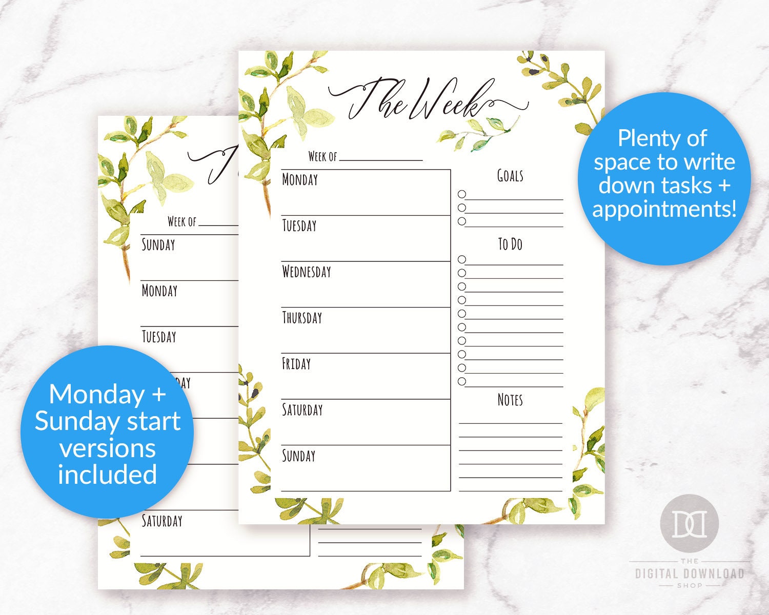 Weekly Planner Printable Watercolor Greenery Weekly - Etsy