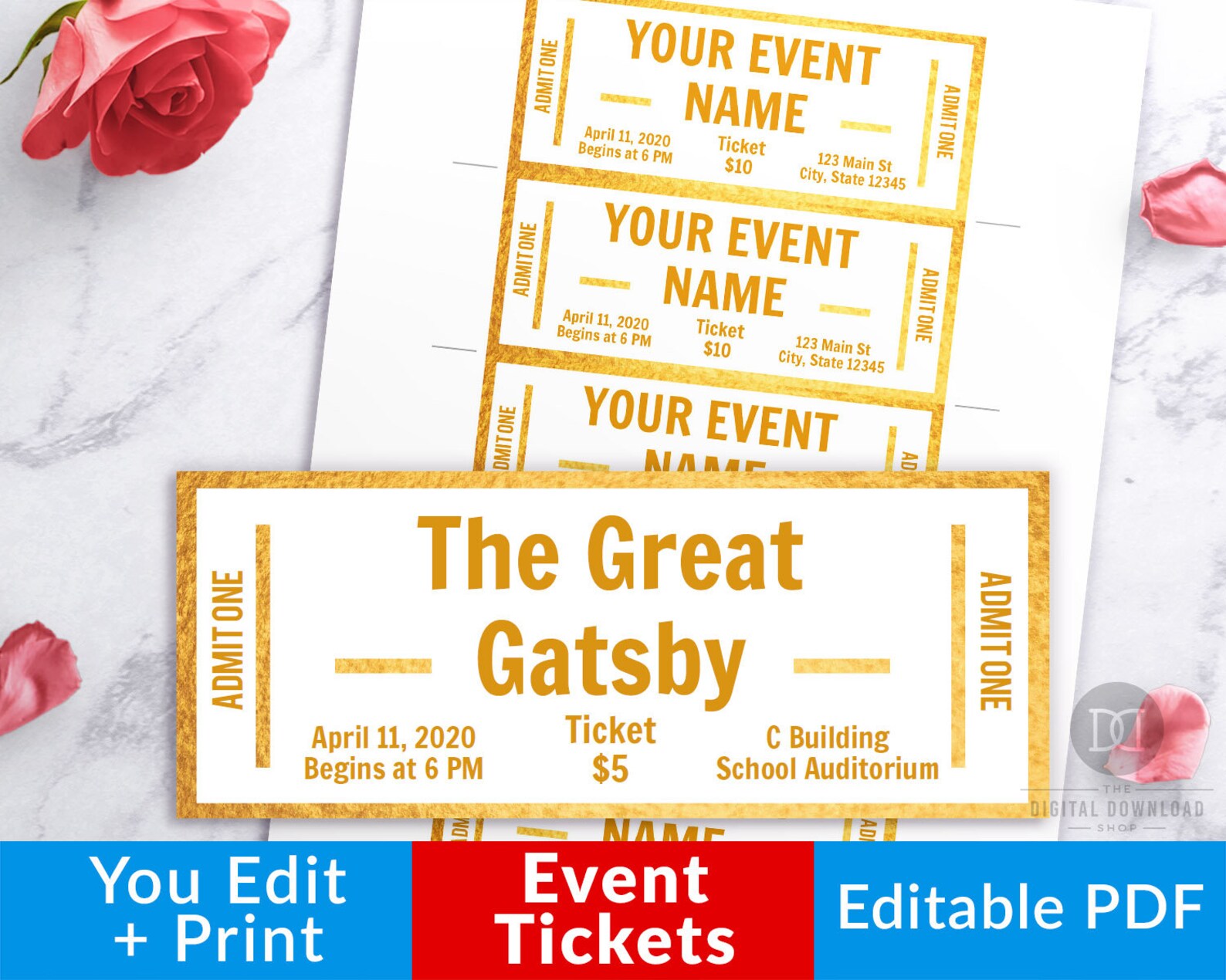White and Gold Event Tickets Template Printable Editable | Etsy