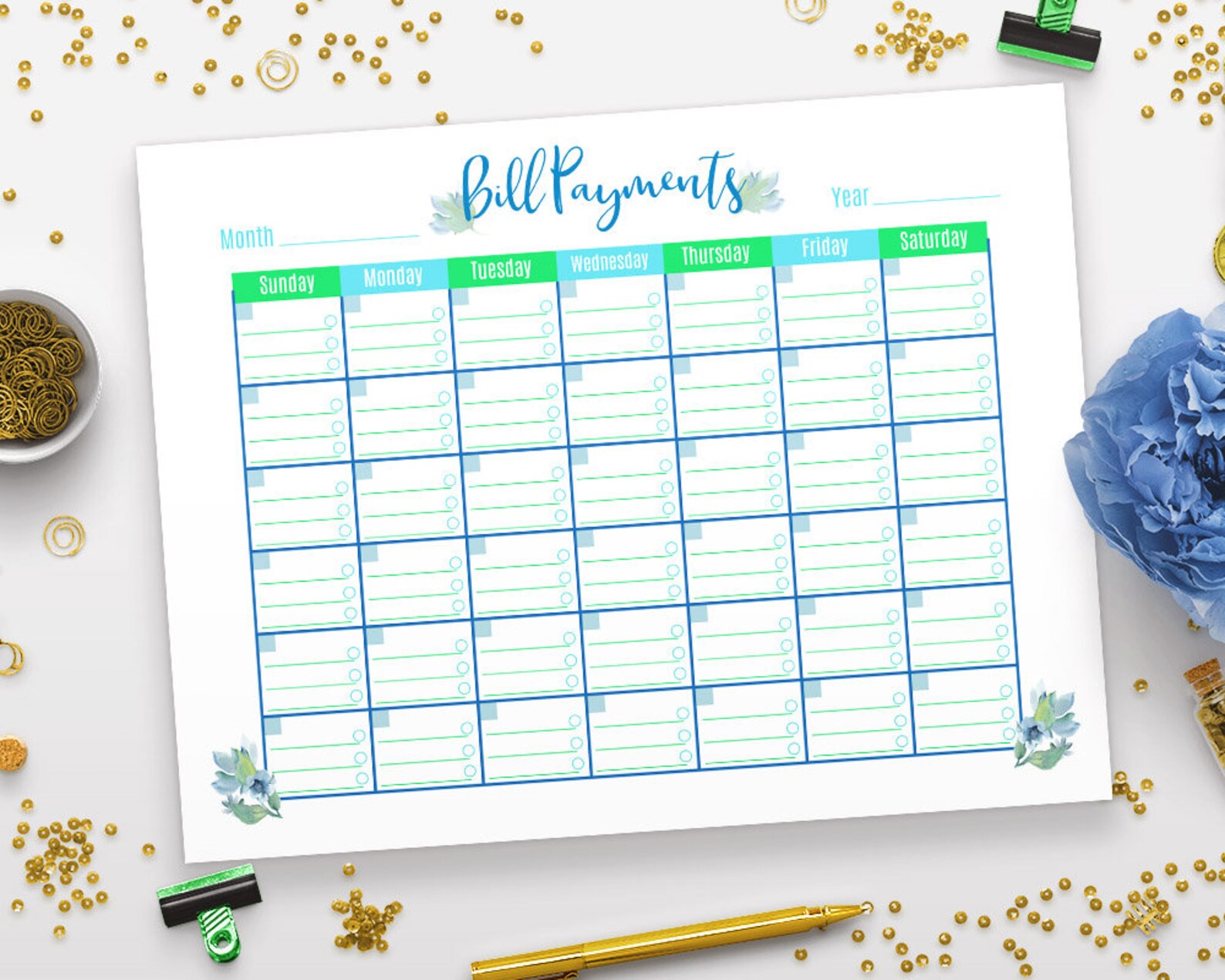 2 Bill Tracker Printables- Floral, Bill Payment Trackers, Bill Payment ...