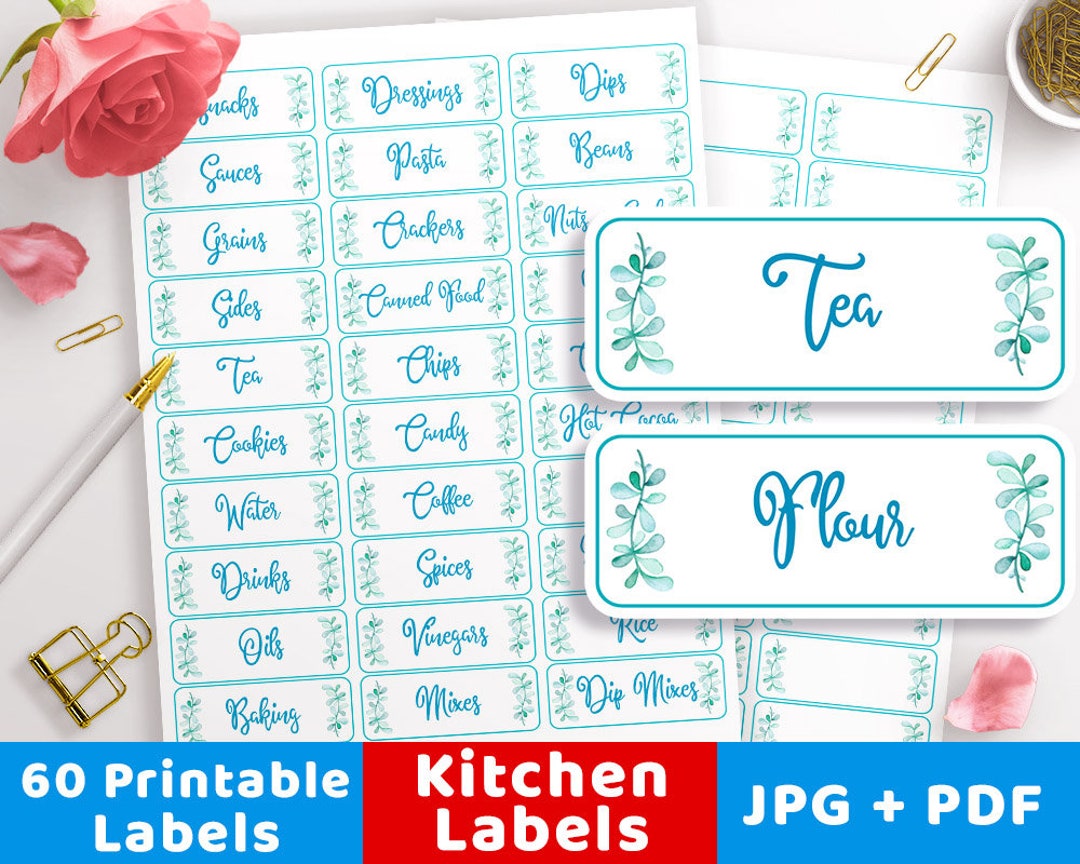 Printable Kitchen Labels, Watercolor Rectangle Label Printables, Pantry ...