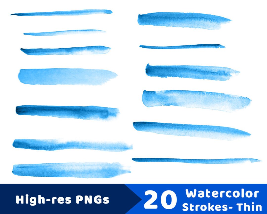 20 Blue Watercolor Brush Strokes Clipart- Thin, Paint Strokes, Hand ...