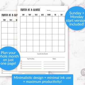 Month on One Page Printable, Bullet Journal Monthly Planner Printable ...