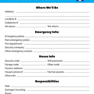 House Sitter Info Sheet Printable, Sitter Instructions, Sitter ...